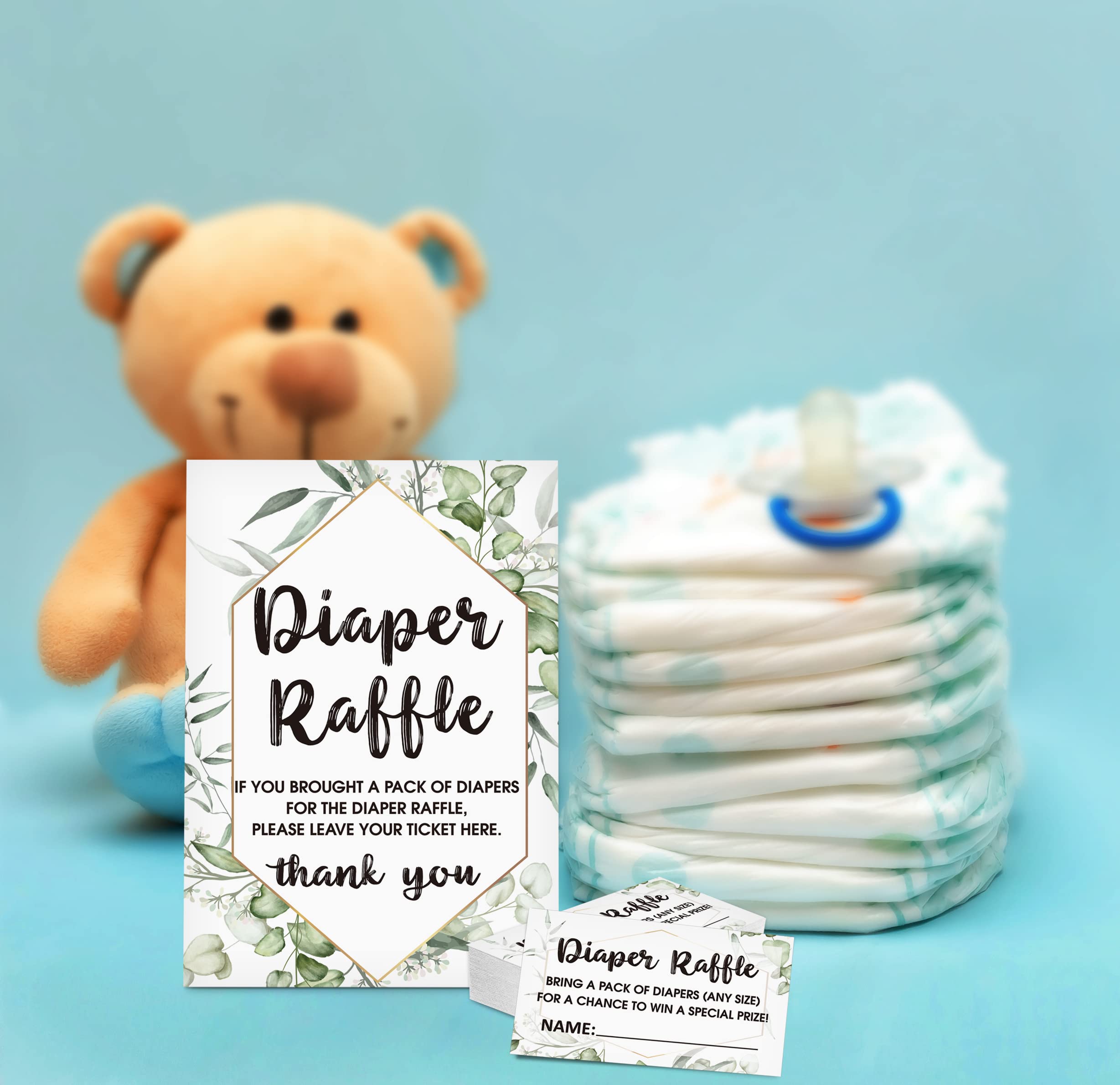 Diaper Raffle Baby Shower Game Set(1 Standing Sign + 50 Guessing Cards), Greenery Diaper Raffle Tickets for Baby Shower, Gold Foil Baby Shower Party Favor Decor - A12