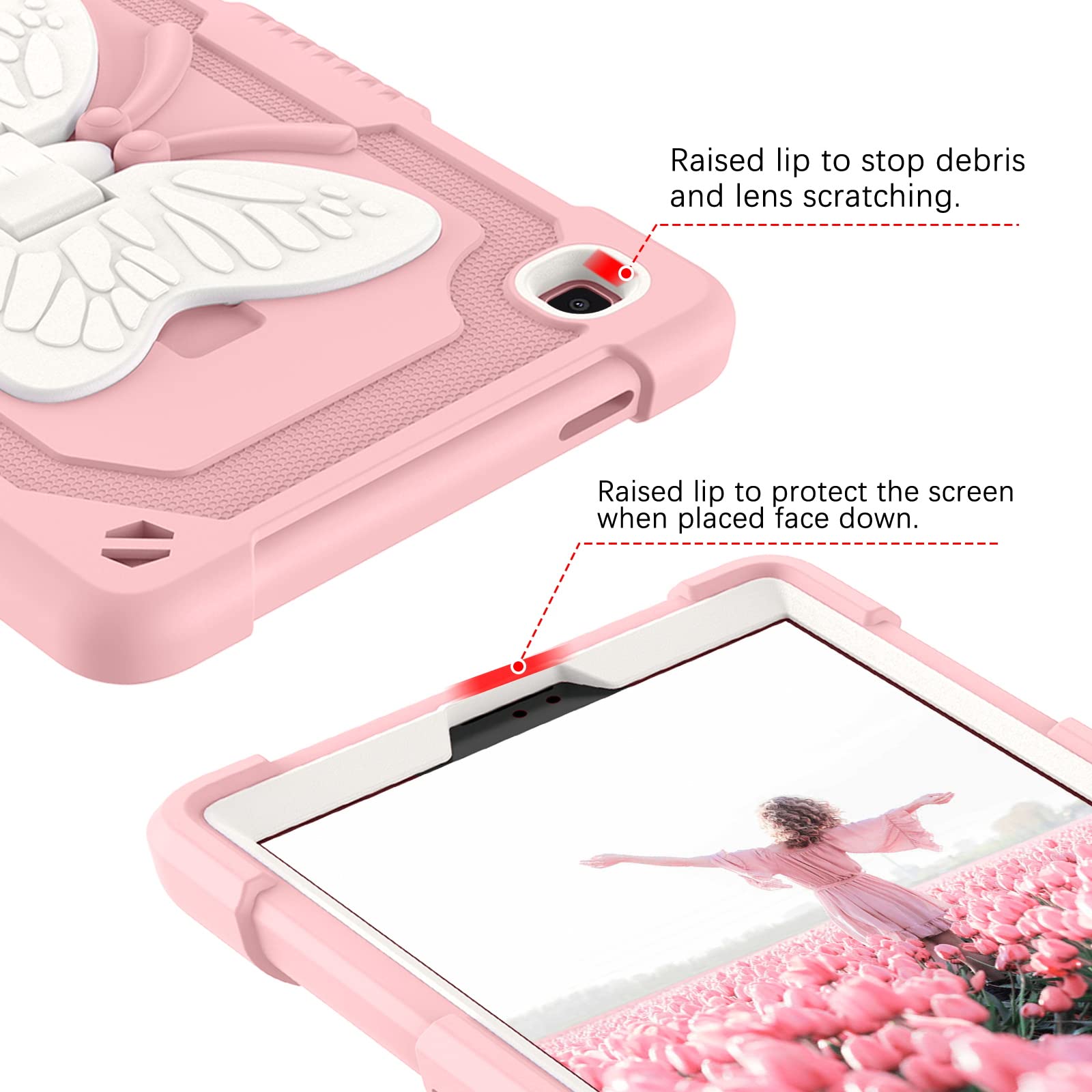 YINLAI Case for Samsung Galaxy Tab A7 Lite, Tab A7 Lite Case 8.7 Inch Silicone Kids Girls with Butterfly Kickstand Shockproof Protective Tablet Cover for Samsung Tab A7 Lite SM-T225/T220/T227, Pink