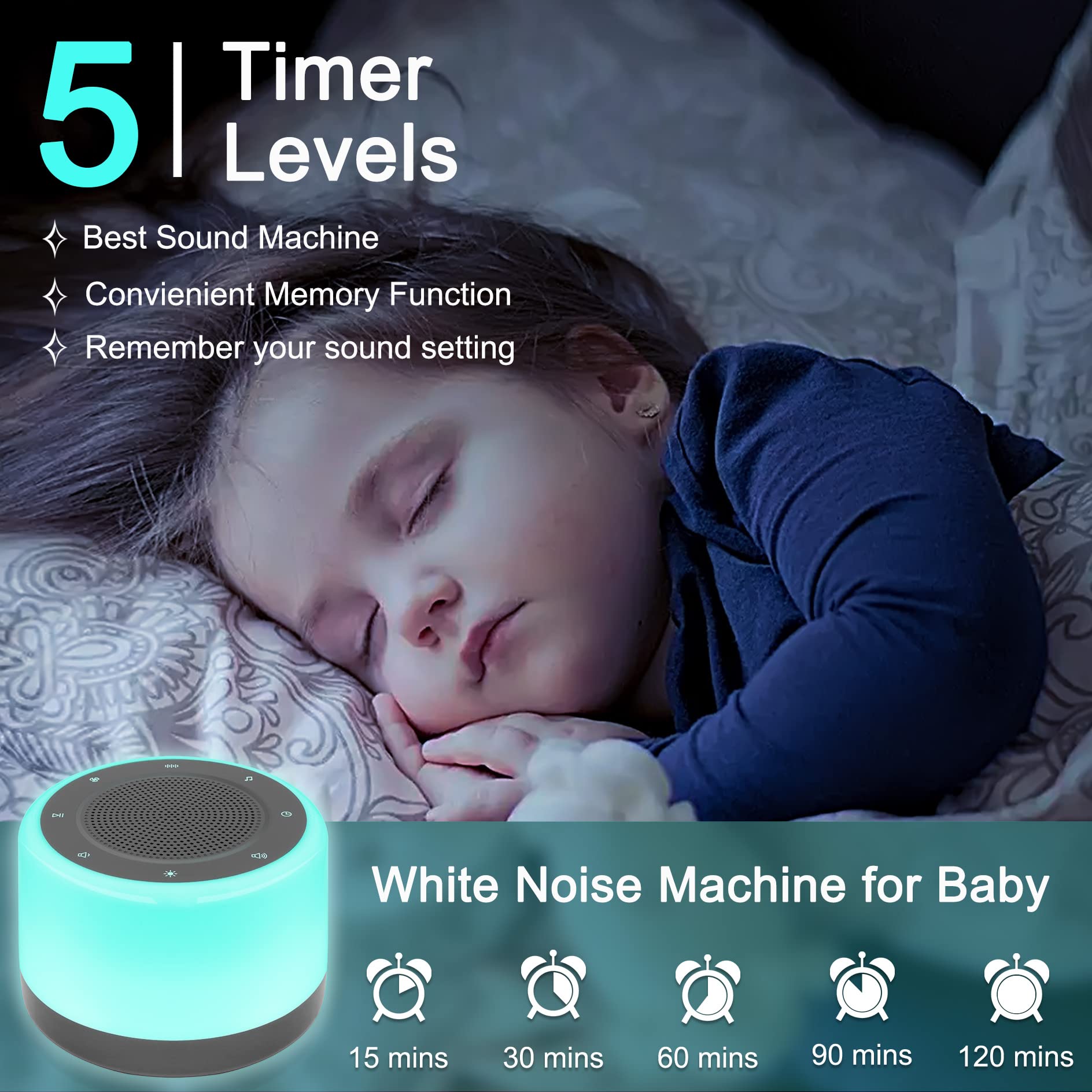 Vicsoon White Noise Machine for Baby Kids Adults, Color Noise Sound Machines with 32 Soothing Sounds and 7 Colors Night Lights, Sleep Sound Machines with 5 Timers and Memory Features