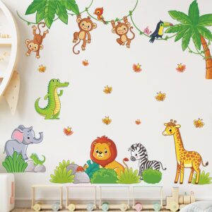 supzone jungle animals wall sticker cartoon animal wall decal monkey giraffe lion zebra elephant wall decor diy vinyl mural art for kids baby nursery bedroom living room playroom