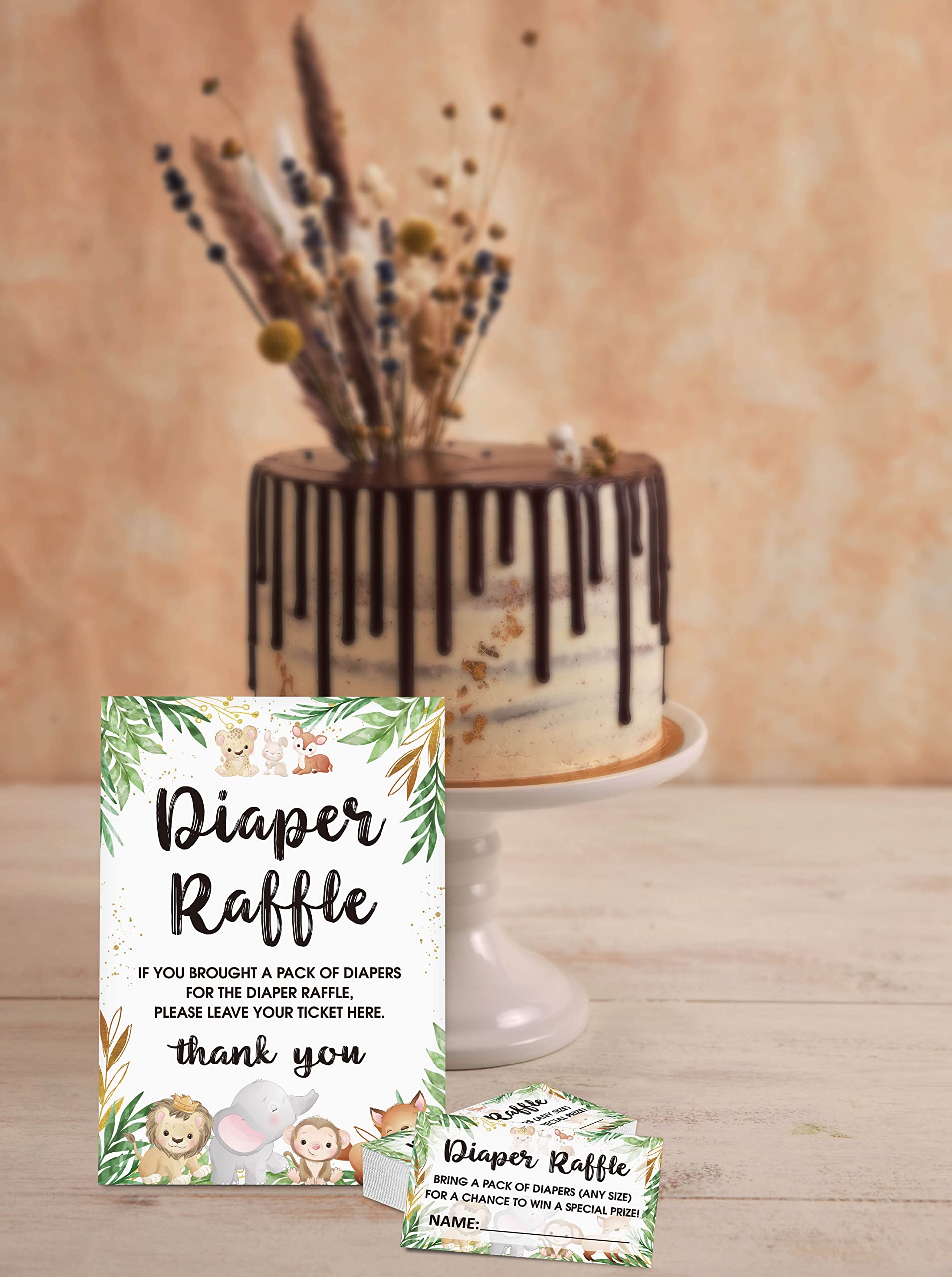 Diaper Raffle Baby Shower Game Set(1 Standing Sign + 50 Guessing Cards), Safari Diaper Raffle Tickets for Baby Shower, Jungle Baby Shower Party Favor Decor - A16