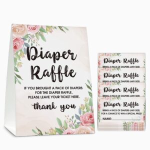 diaper raffle baby shower game set(1 standing sign + 50 guessing cards), floral greenery diaper raffle tickets for baby shower, blush pink baby shower party favor decor - a08