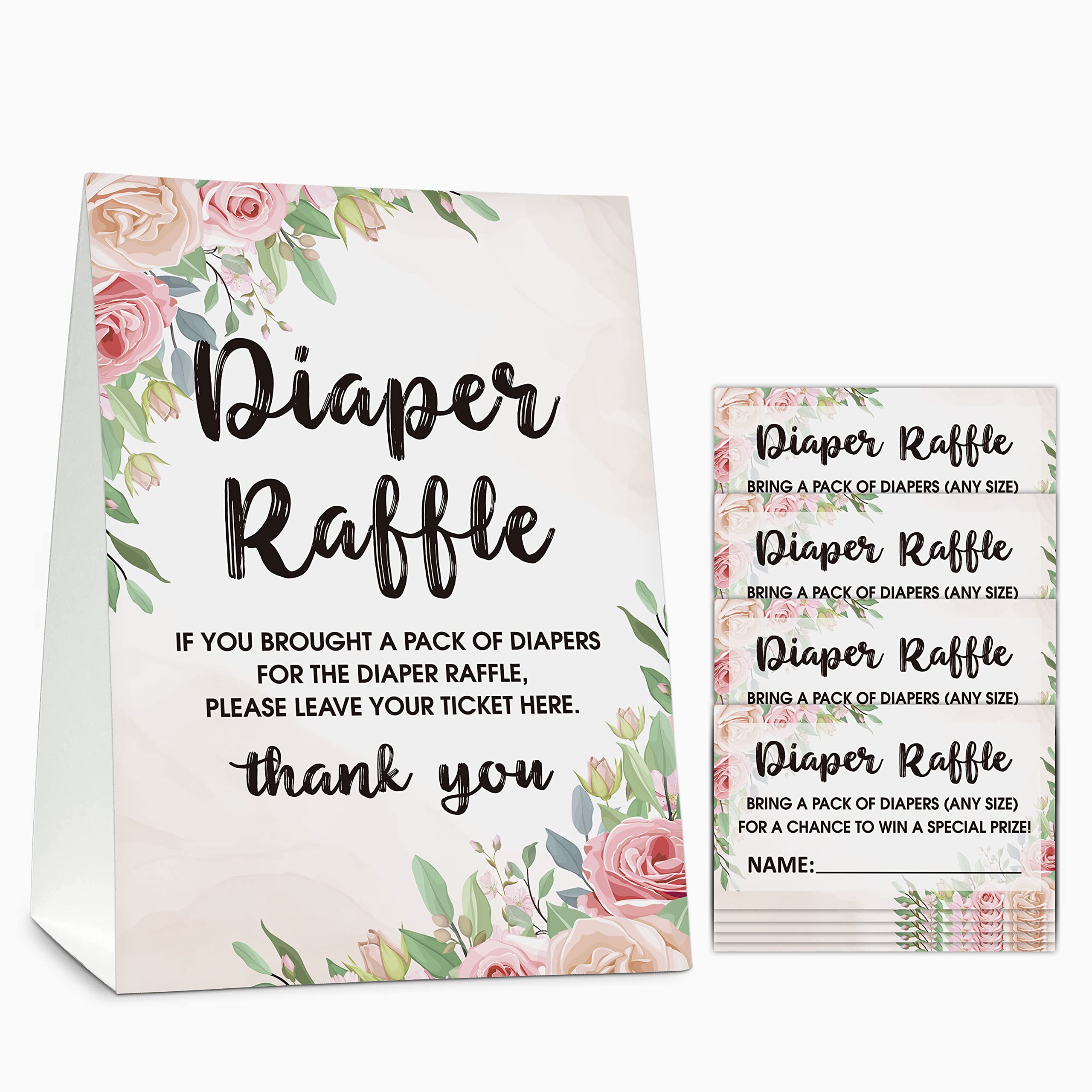 Diaper Raffle Baby Shower Game Set(1 Standing Sign + 50 Guessing Cards), Floral Greenery Diaper Raffle Tickets for Baby Shower, Blush Pink Baby Shower Party Favor Decor - A08