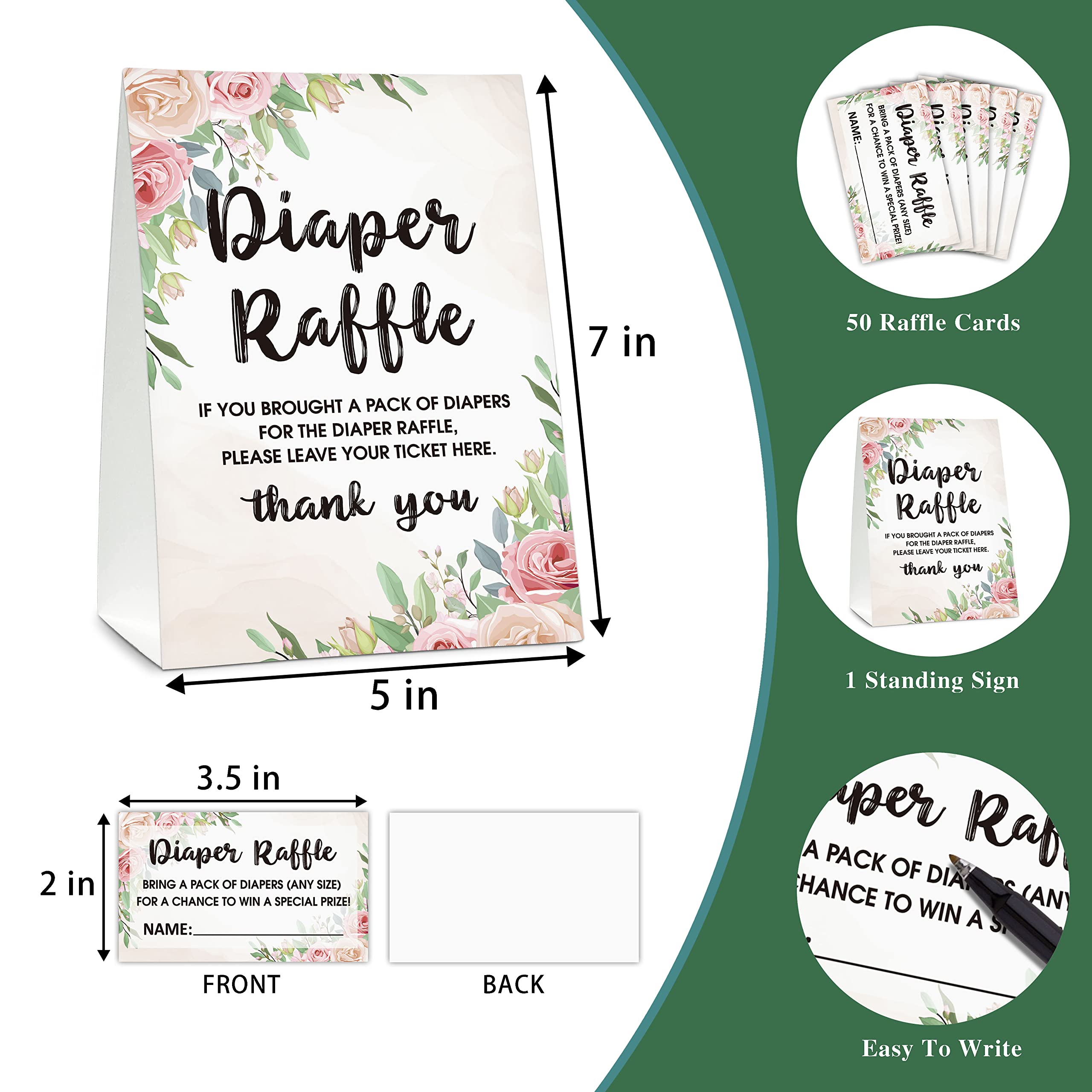 Diaper Raffle Baby Shower Game Set(1 Standing Sign + 50 Guessing Cards), Floral Greenery Diaper Raffle Tickets for Baby Shower, Blush Pink Baby Shower Party Favor Decor - A08