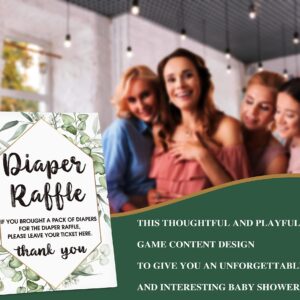 Diaper Raffle Baby Shower Game Set(1 Standing Sign + 50 Guessing Cards), Greenery Diaper Raffle Tickets for Baby Shower, Gold Foil Baby Shower Party Favor Decor - A12