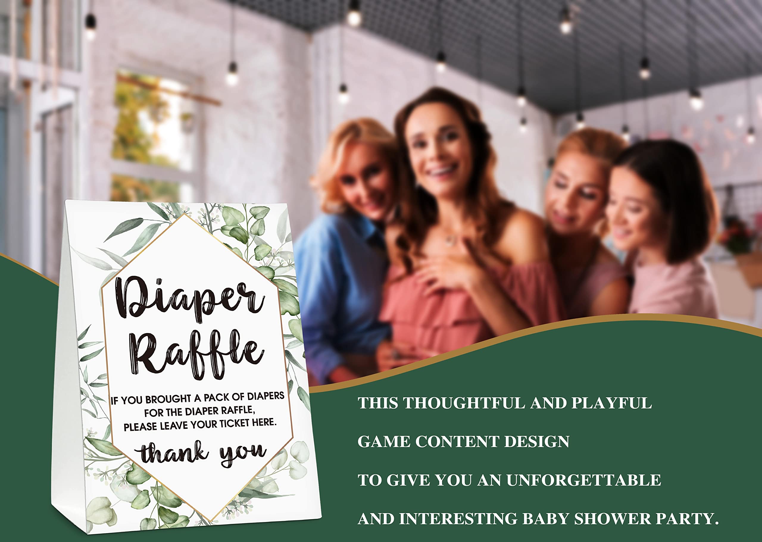 Diaper Raffle Baby Shower Game Set(1 Standing Sign + 50 Guessing Cards), Greenery Diaper Raffle Tickets for Baby Shower, Gold Foil Baby Shower Party Favor Decor - A12