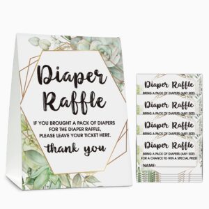 diaper raffle baby shower game set(1 standing sign + 50 guessing cards), greenery diaper raffle tickets for baby shower, gold foil baby shower party favor decor - a13