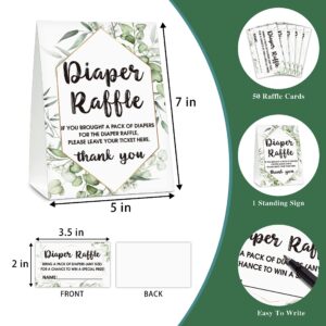 Diaper Raffle Baby Shower Game Set(1 Standing Sign + 50 Guessing Cards), Greenery Diaper Raffle Tickets for Baby Shower, Gold Foil Baby Shower Party Favor Decor - A12