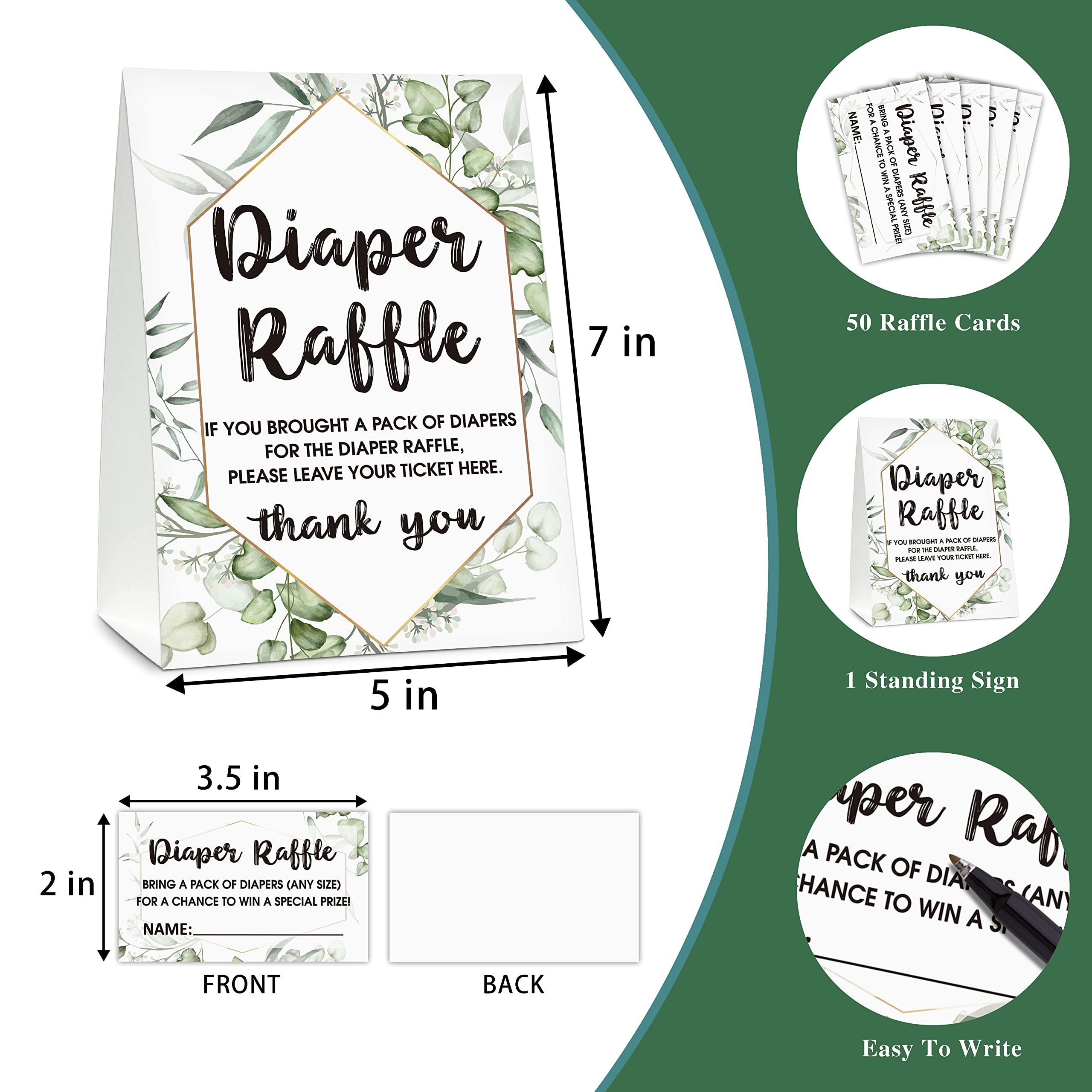 Diaper Raffle Baby Shower Game Set(1 Standing Sign + 50 Guessing Cards), Greenery Diaper Raffle Tickets for Baby Shower, Gold Foil Baby Shower Party Favor Decor - A12