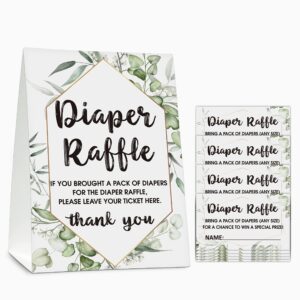 diaper raffle baby shower game set(1 standing sign + 50 guessing cards), greenery diaper raffle tickets for baby shower, gold foil baby shower party favor decor - a12