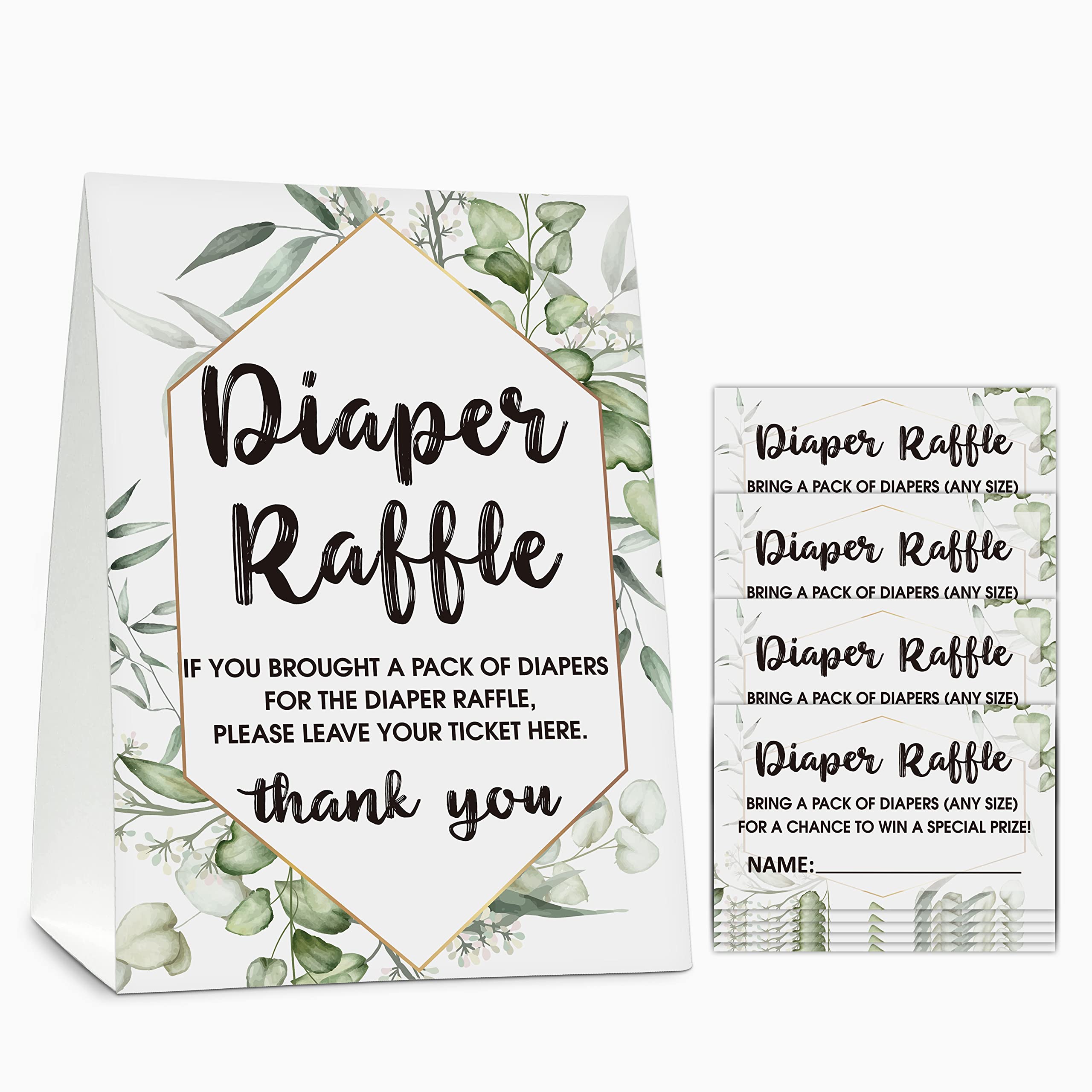 Diaper Raffle Baby Shower Game Set(1 Standing Sign + 50 Guessing Cards), Greenery Diaper Raffle Tickets for Baby Shower, Gold Foil Baby Shower Party Favor Decor - A12