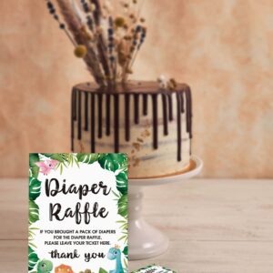 Diaper Raffle Baby Shower Game Set(1 Standing Sign + 50 Guessing Cards), Dinosaur Theme Diaper Raffle Tickets for Baby Shower, Safari Jungle Baby Shower Party Favor Decor - A19