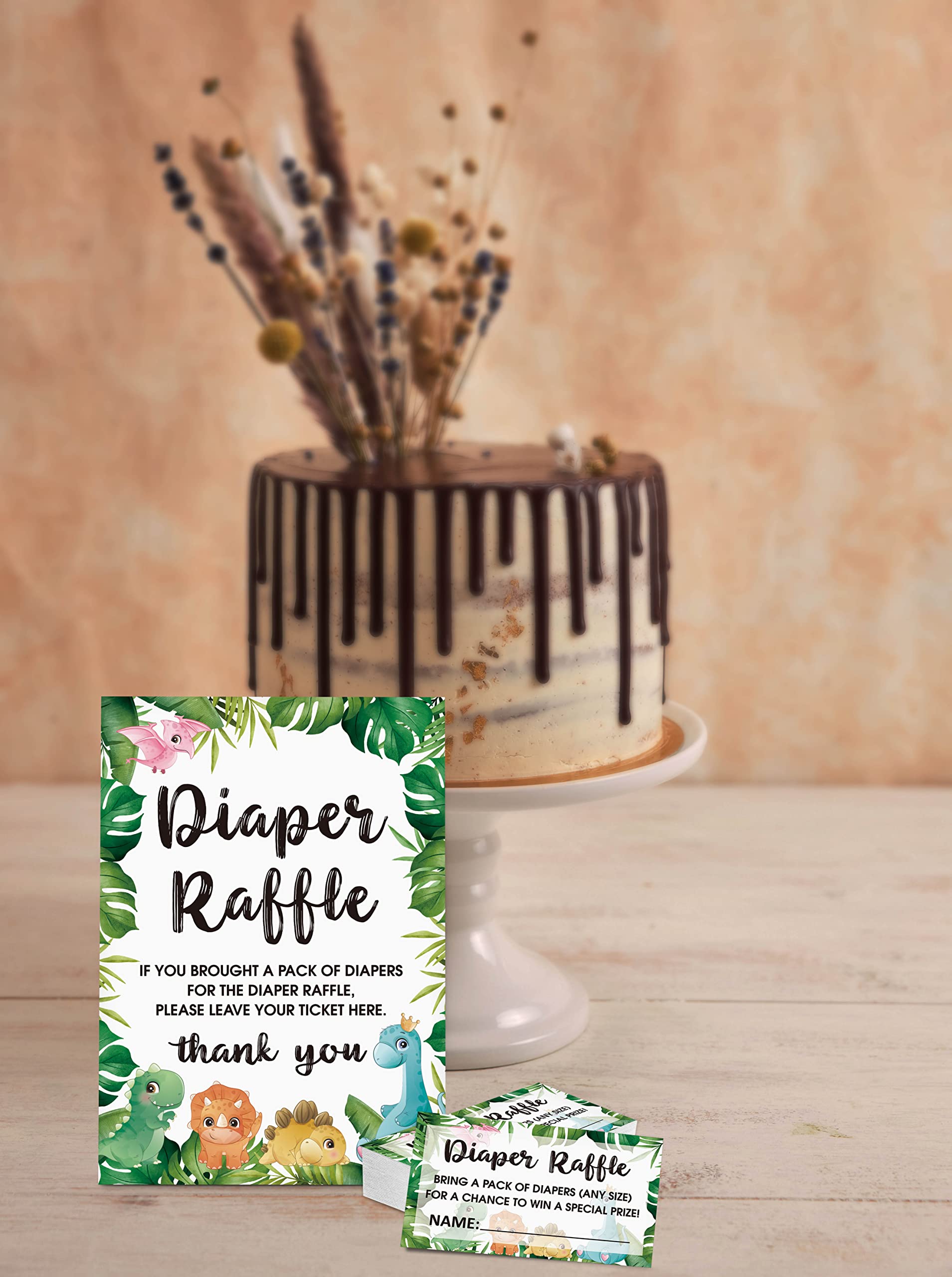 Diaper Raffle Baby Shower Game Set(1 Standing Sign + 50 Guessing Cards), Dinosaur Theme Diaper Raffle Tickets for Baby Shower, Safari Jungle Baby Shower Party Favor Decor - A19