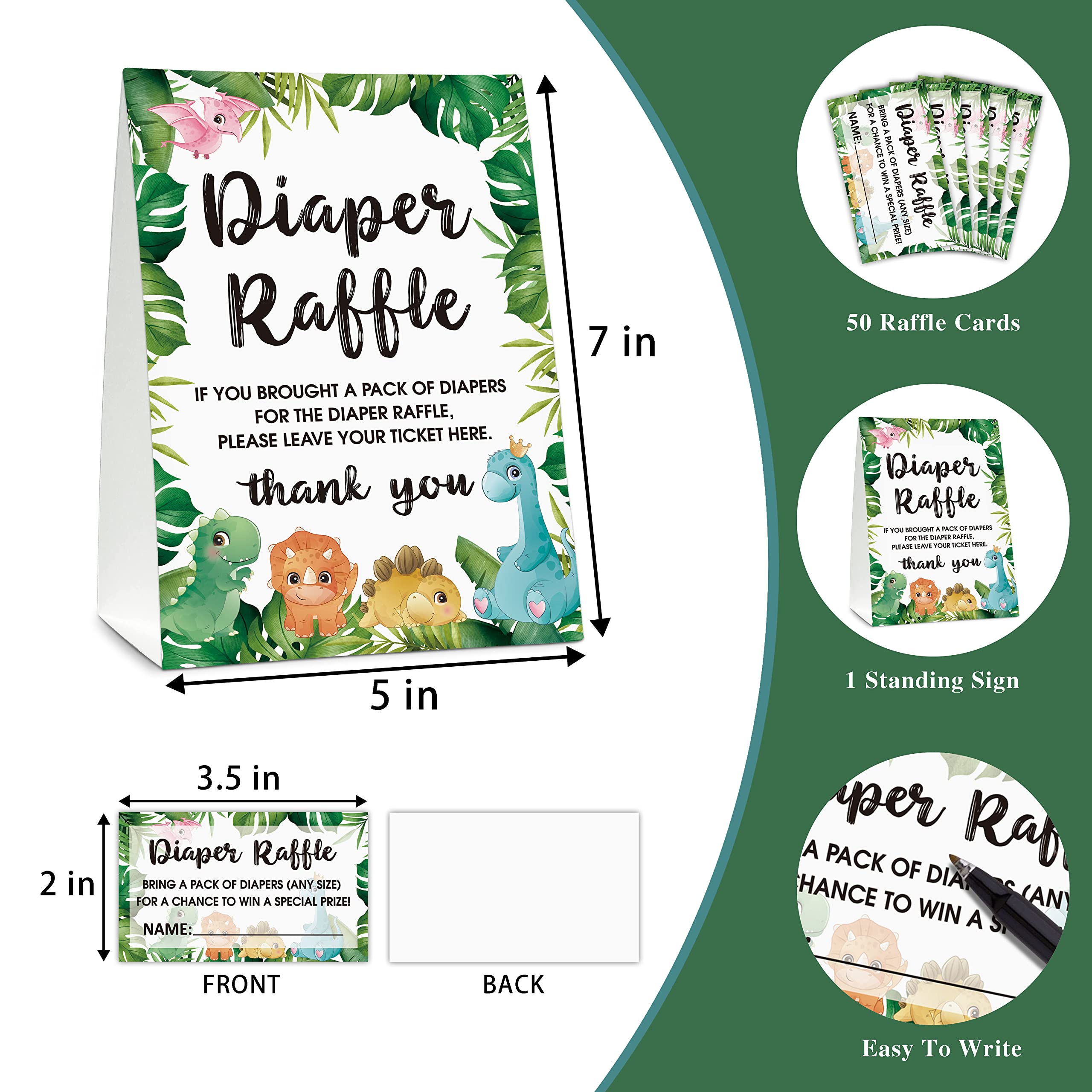 Diaper Raffle Baby Shower Game Set(1 Standing Sign + 50 Guessing Cards), Dinosaur Theme Diaper Raffle Tickets for Baby Shower, Safari Jungle Baby Shower Party Favor Decor - A19