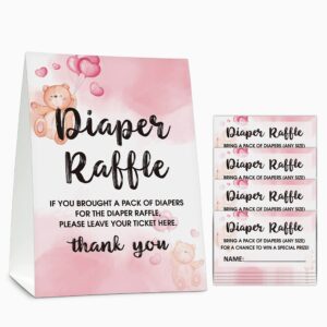 diaper raffle baby shower game set(1 standing sign + 50 guessing cards), we can bearly wait diaper raffle tickets for baby shower, watercolor pink balloons bear baby shower party favor decor - a22