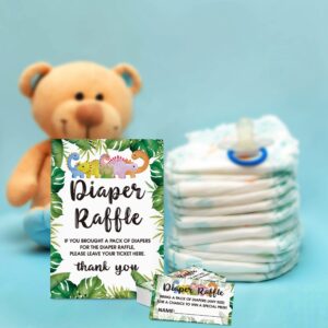 Diaper Raffle Baby Shower Game Set(1 Standing Sign + 50 Guessing Cards), Dinosaur Theme Diaper Raffle Tickets for Baby Shower, Safari Jungle Baby Shower Party Favor Decor - A18