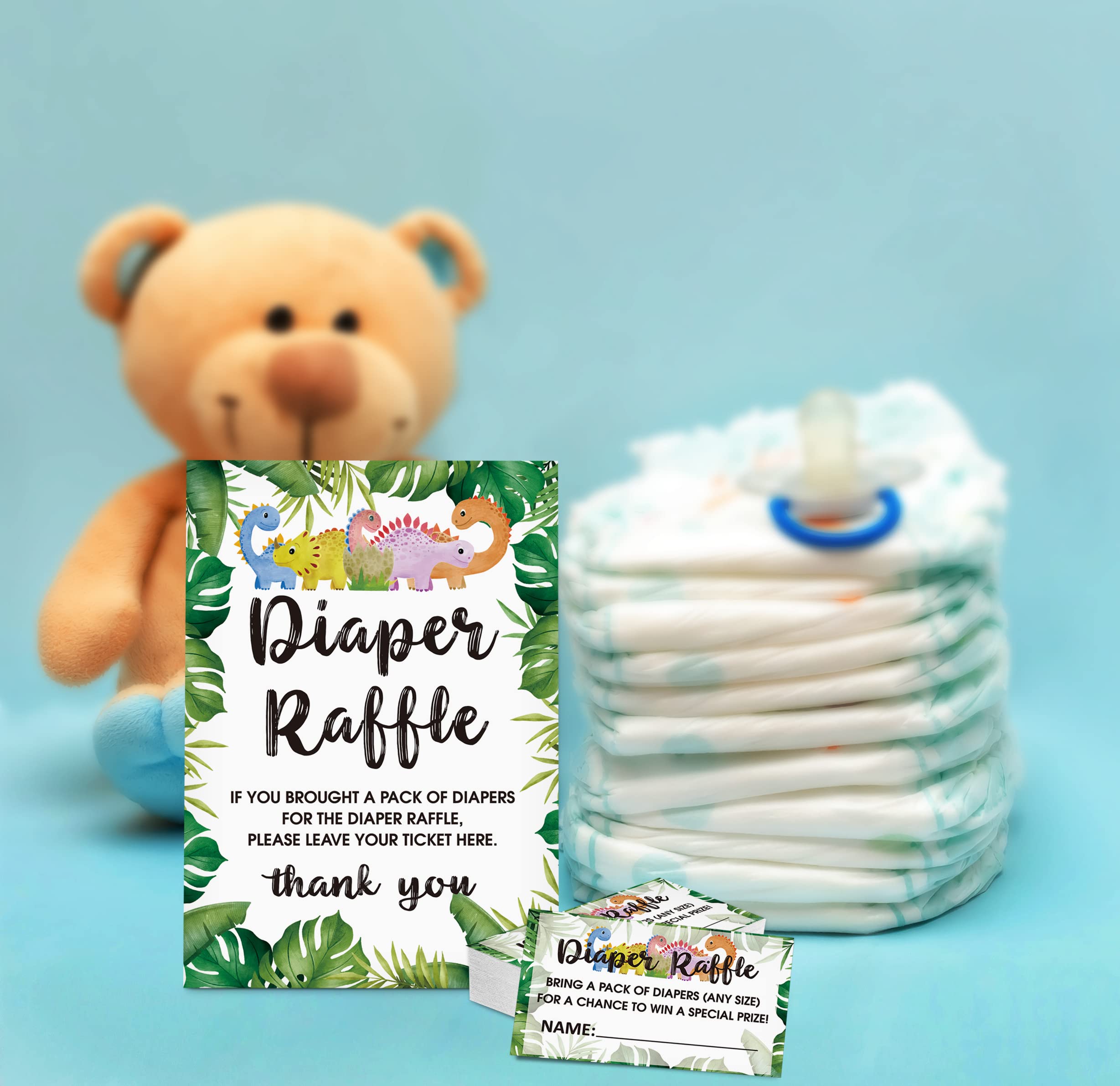 Diaper Raffle Baby Shower Game Set(1 Standing Sign + 50 Guessing Cards), Dinosaur Theme Diaper Raffle Tickets for Baby Shower, Safari Jungle Baby Shower Party Favor Decor - A18