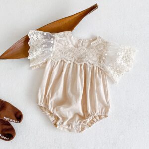 HOOLCHEAN Baby Girls Summer Lace Big Flutter Sleeves Loose Bodysuit for Photo Shoot (Apricot, 66: 0-6 Months)