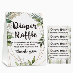 diaper raffle baby shower game set(1 standing sign + 50 guessing cards), greenery diaper raffle tickets for baby shower, gold foil baby shower party favor decor - a14