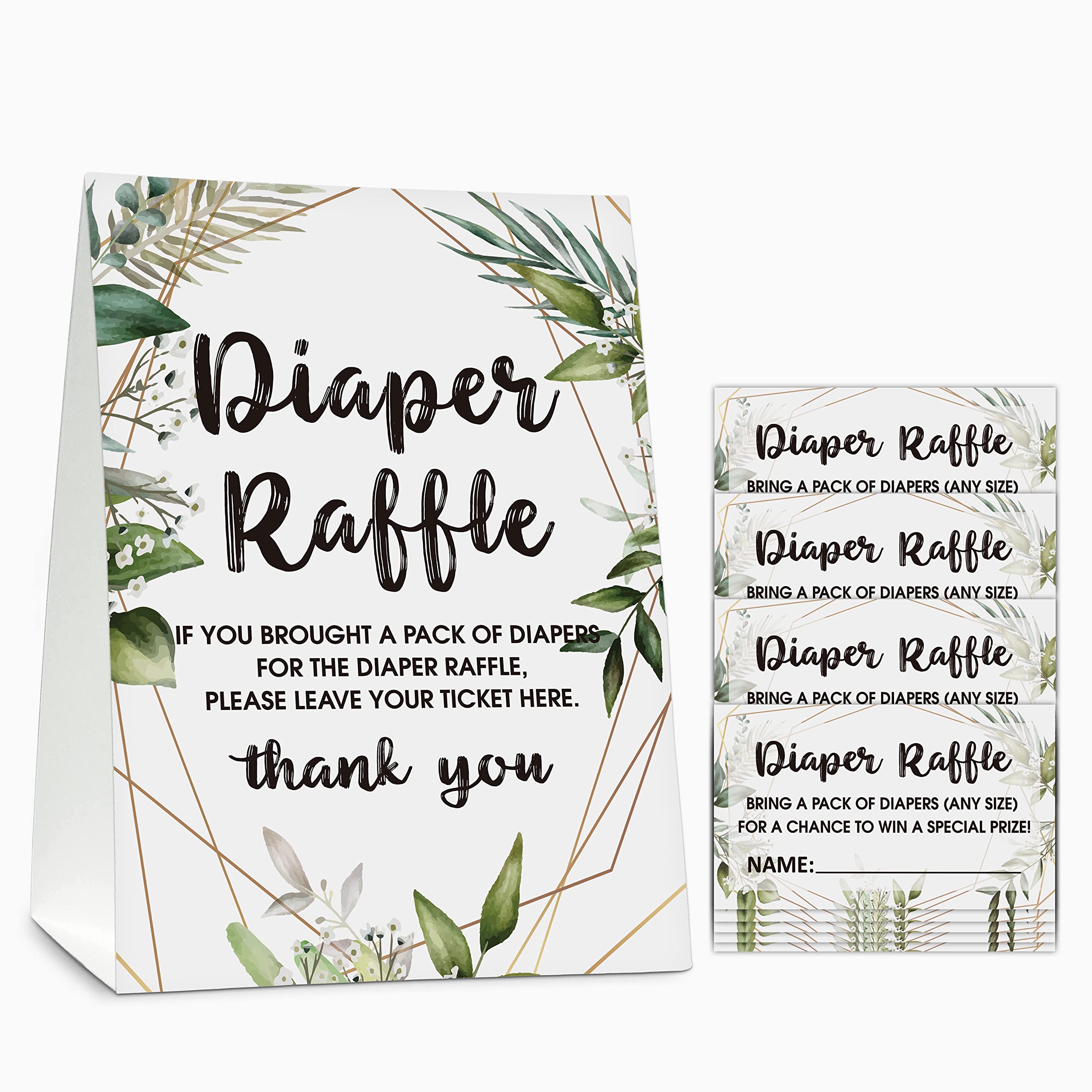 Diaper Raffle Baby Shower Game Set(1 Standing Sign + 50 Guessing Cards), Greenery Diaper Raffle Tickets for Baby Shower, Gold Foil Baby Shower Party Favor Decor - A14