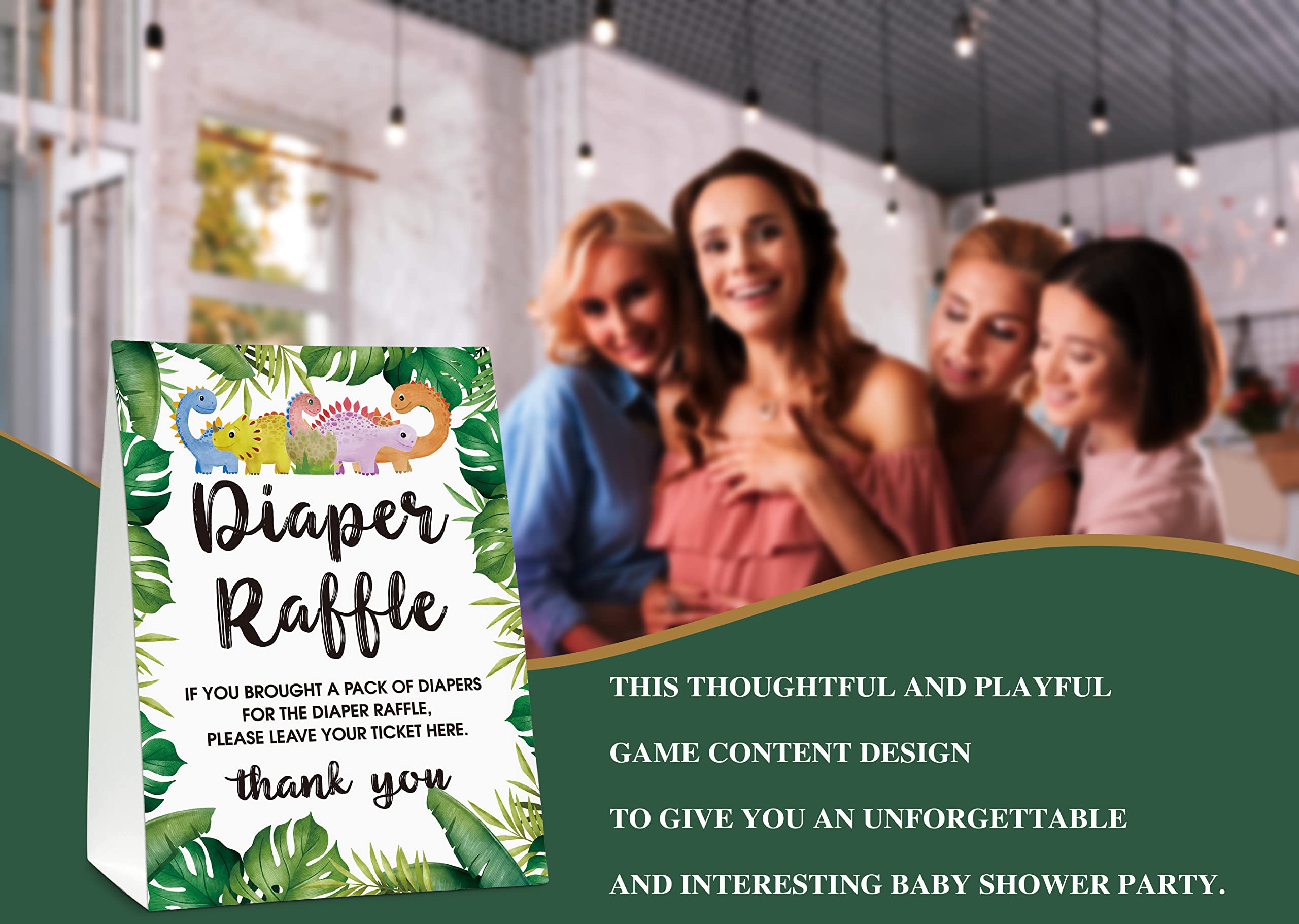 Diaper Raffle Baby Shower Game Set(1 Standing Sign + 50 Guessing Cards), Dinosaur Theme Diaper Raffle Tickets for Baby Shower, Safari Jungle Baby Shower Party Favor Decor - A18