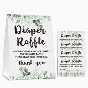 diaper raffle baby shower game set(1 standing sign + 50 guessing cards), greenery diaper raffle tickets for baby shower, gold foil baby shower party favor decor - a11