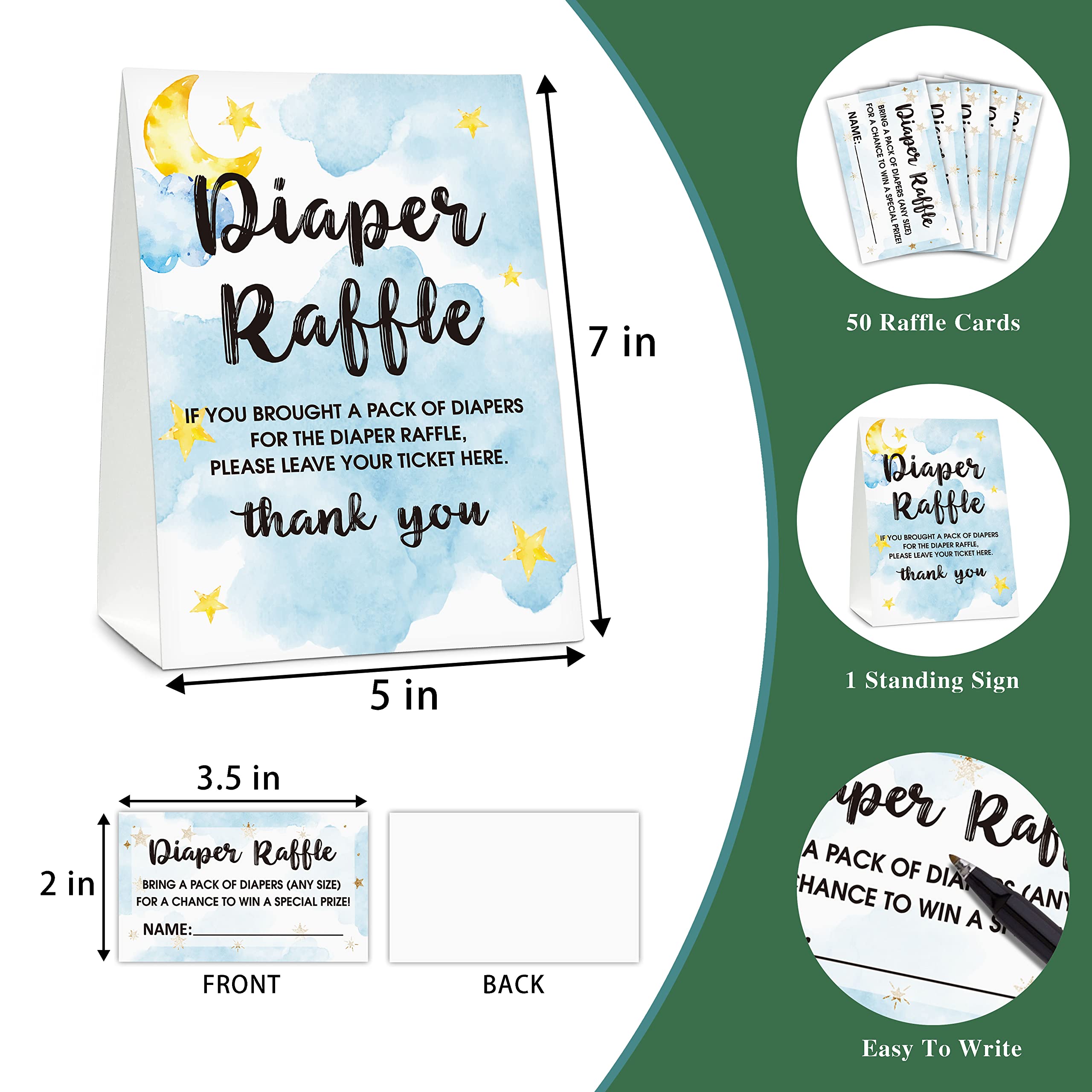 Gihyan Diaper Raffle Baby Shower Game Set(1 Standing Sign + 50 Guessing Cards), Moon and Star Diaper Raffle Tickets for Baby Shower, Twinkle Twinkle Little Star Baby Shower Party Favor Decor - A25