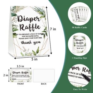 Diaper Raffle Baby Shower Game Set(1 Standing Sign + 50 Guessing Cards), Greenery Diaper Raffle Tickets for Baby Shower, Gold Foil Baby Shower Party Favor Decor - A14