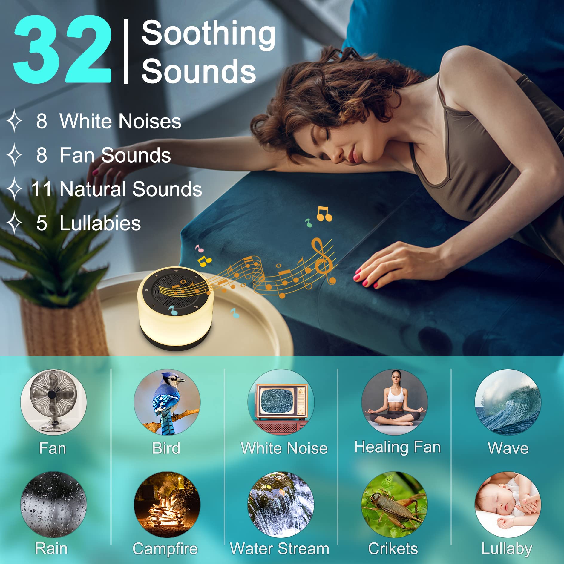 Vicsoon White Noise Machine for Baby Kids Adults, Color Noise Sound Machines with 32 Soothing Sounds and 7 Colors Night Lights, Sleep Sound Machines with 5 Timers and Memory Features