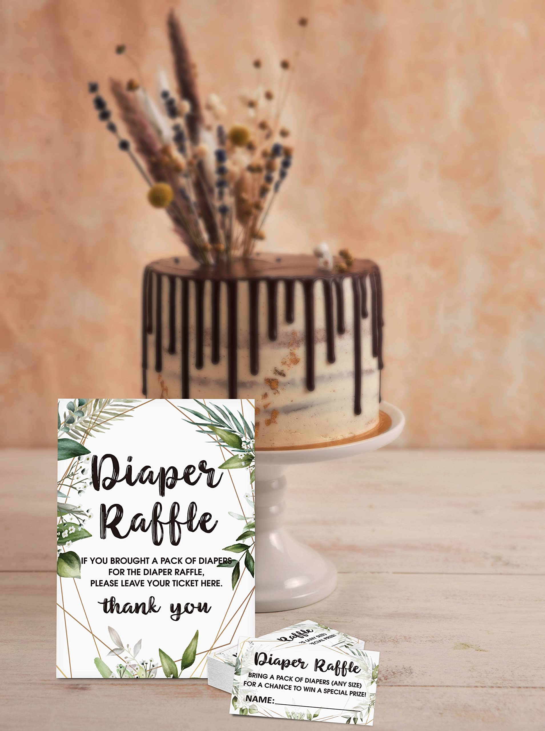 Diaper Raffle Baby Shower Game Set(1 Standing Sign + 50 Guessing Cards), Greenery Diaper Raffle Tickets for Baby Shower, Gold Foil Baby Shower Party Favor Decor - A14