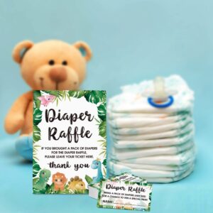 Diaper Raffle Baby Shower Game Set(1 Standing Sign + 50 Guessing Cards), Dinosaur Theme Diaper Raffle Tickets for Baby Shower, Safari Jungle Baby Shower Party Favor Decor - A19