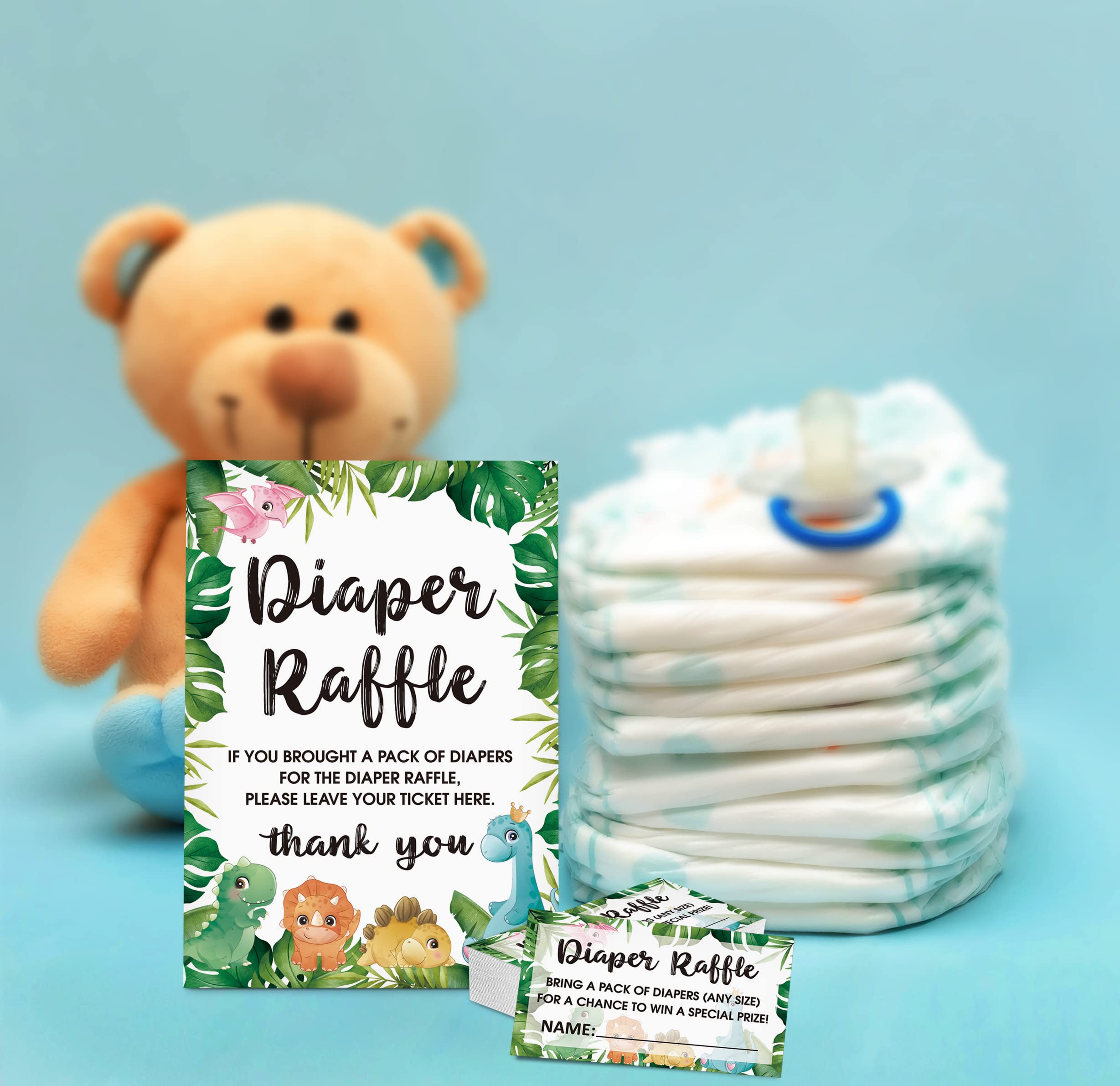 Diaper Raffle Baby Shower Game Set(1 Standing Sign + 50 Guessing Cards), Dinosaur Theme Diaper Raffle Tickets for Baby Shower, Safari Jungle Baby Shower Party Favor Decor - A19