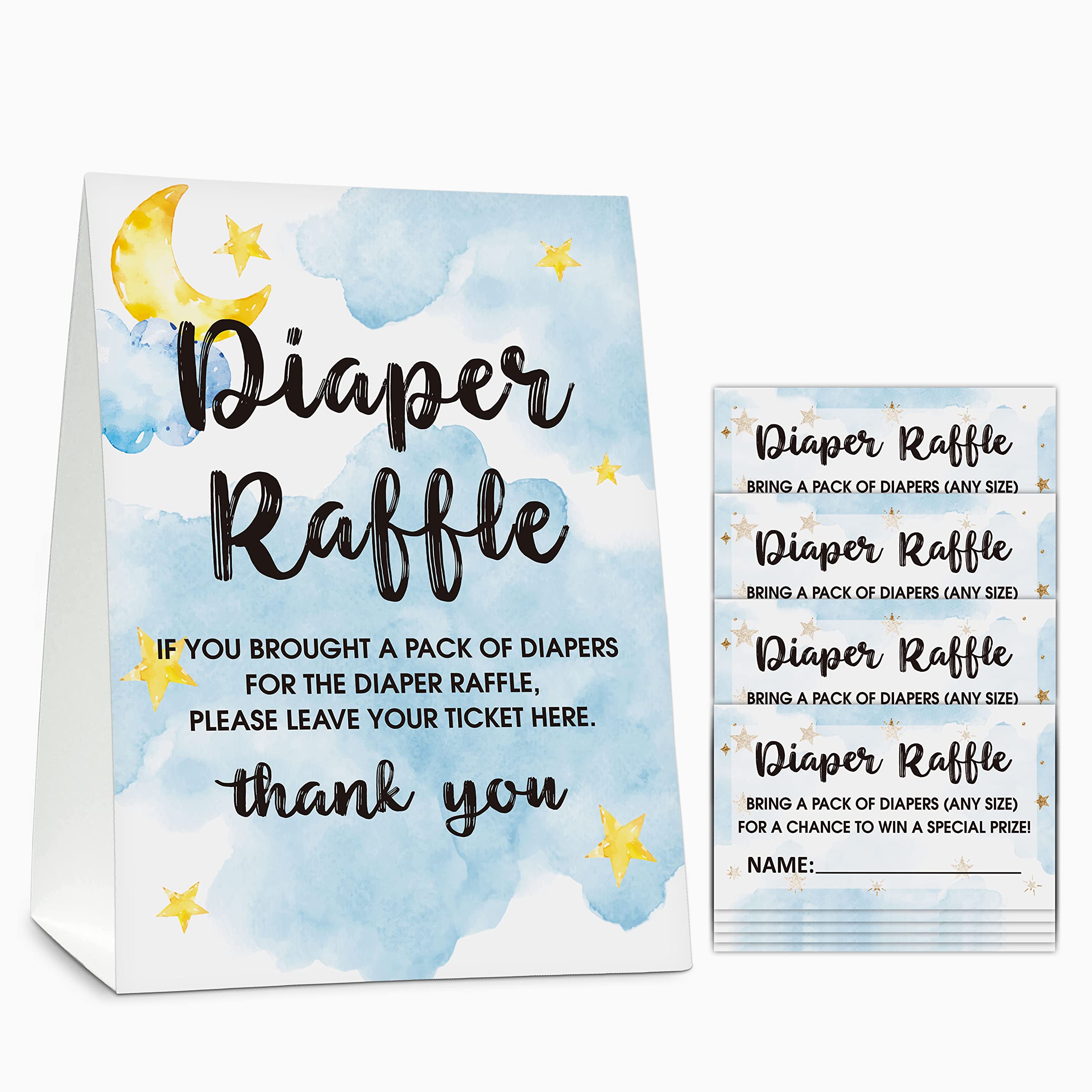 Gihyan Diaper Raffle Baby Shower Game Set(1 Standing Sign + 50 Guessing Cards), Moon and Star Diaper Raffle Tickets for Baby Shower, Twinkle Twinkle Little Star Baby Shower Party Favor Decor - A25