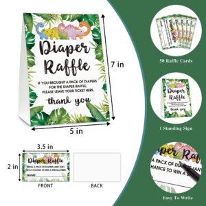 Diaper Raffle Baby Shower Game Set(1 Standing Sign + 50 Guessing Cards), Dinosaur Theme Diaper Raffle Tickets for Baby Shower, Safari Jungle Baby Shower Party Favor Decor - A18