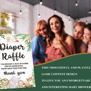 Diaper Raffle Baby Shower Game Set(1 Standing Sign + 50 Guessing Cards), Safari Diaper Raffle Tickets for Baby Shower, Jungle Baby Shower Party Favor Decor - A16