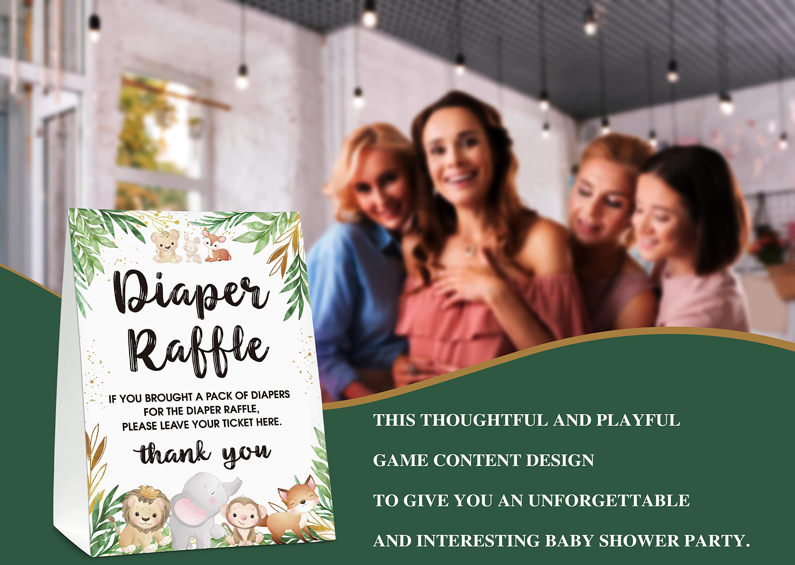 Diaper Raffle Baby Shower Game Set(1 Standing Sign + 50 Guessing Cards), Safari Diaper Raffle Tickets for Baby Shower, Jungle Baby Shower Party Favor Decor - A16