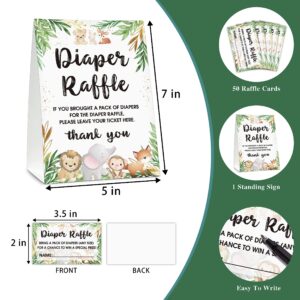 Diaper Raffle Baby Shower Game Set(1 Standing Sign + 50 Guessing Cards), Safari Diaper Raffle Tickets for Baby Shower, Jungle Baby Shower Party Favor Decor - A16