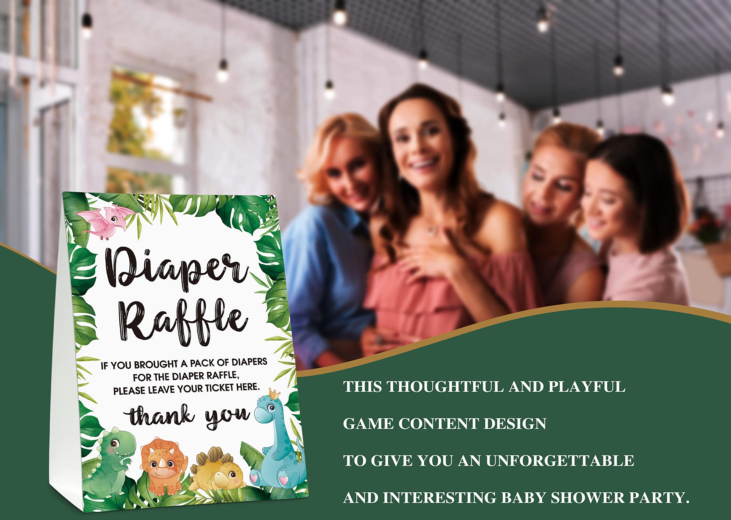 Diaper Raffle Baby Shower Game Set(1 Standing Sign + 50 Guessing Cards), Dinosaur Theme Diaper Raffle Tickets for Baby Shower, Safari Jungle Baby Shower Party Favor Decor - A19