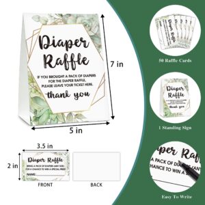 Diaper Raffle Baby Shower Game Set(1 Standing Sign + 50 Guessing Cards), Greenery Diaper Raffle Tickets for Baby Shower, Gold Foil Baby Shower Party Favor Decor - A13