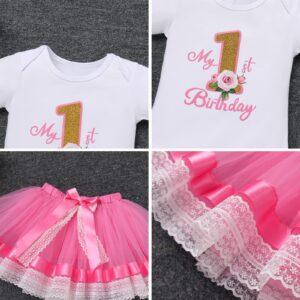 Baby Girl's My 1st Birthday Outfit Flower Printed Cotton Short Sleeve Romper Bodysuit Princess Tutu Tulle Skirt Crown Headband 3pcs Set One Year Old Party Cake Smash Photo Shooting Props Pink