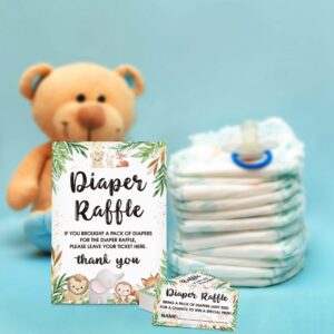 Diaper Raffle Baby Shower Game Set(1 Standing Sign + 50 Guessing Cards), Safari Diaper Raffle Tickets for Baby Shower, Jungle Baby Shower Party Favor Decor - A16