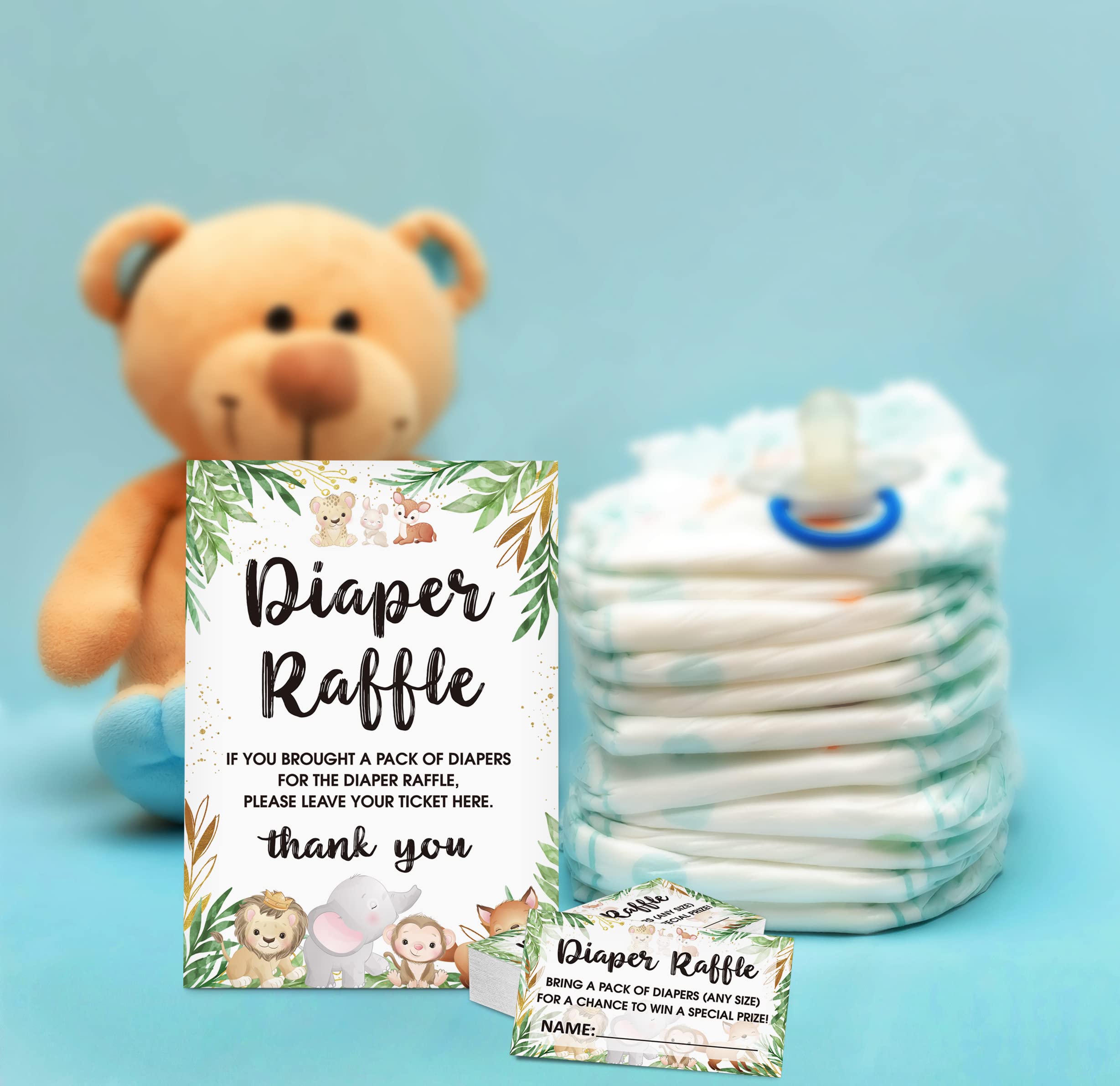 Diaper Raffle Baby Shower Game Set(1 Standing Sign + 50 Guessing Cards), Safari Diaper Raffle Tickets for Baby Shower, Jungle Baby Shower Party Favor Decor - A16