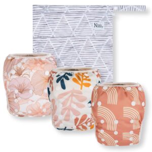 reusable swim diapers and wet bag - one size fully adjustable - tropical 3 pack with wet bag by nora's nursery