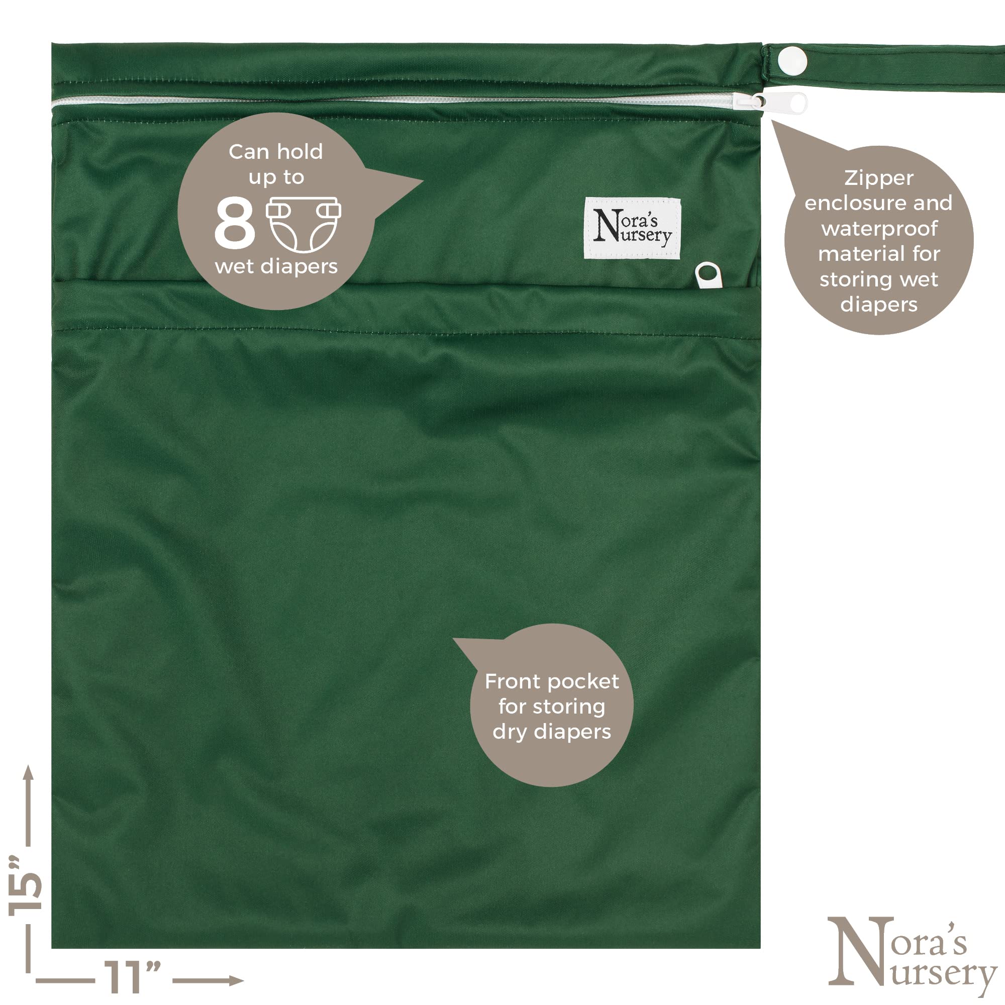 Nora's Nursery Wet Dry Bags with Two Zippered Pockets - Reusable and Washable Wet Bag for Swimming, Travel, Beach, Pool, Daycare, Cloth Diapers, Toiletries and Wet Swimsuits - 11x15 - Forrest - 2 Pack