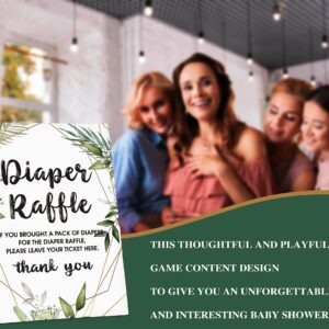 Diaper Raffle Baby Shower Game Set(1 Standing Sign + 50 Guessing Cards), Greenery Diaper Raffle Tickets for Baby Shower, Gold Foil Baby Shower Party Favor Decor - A14