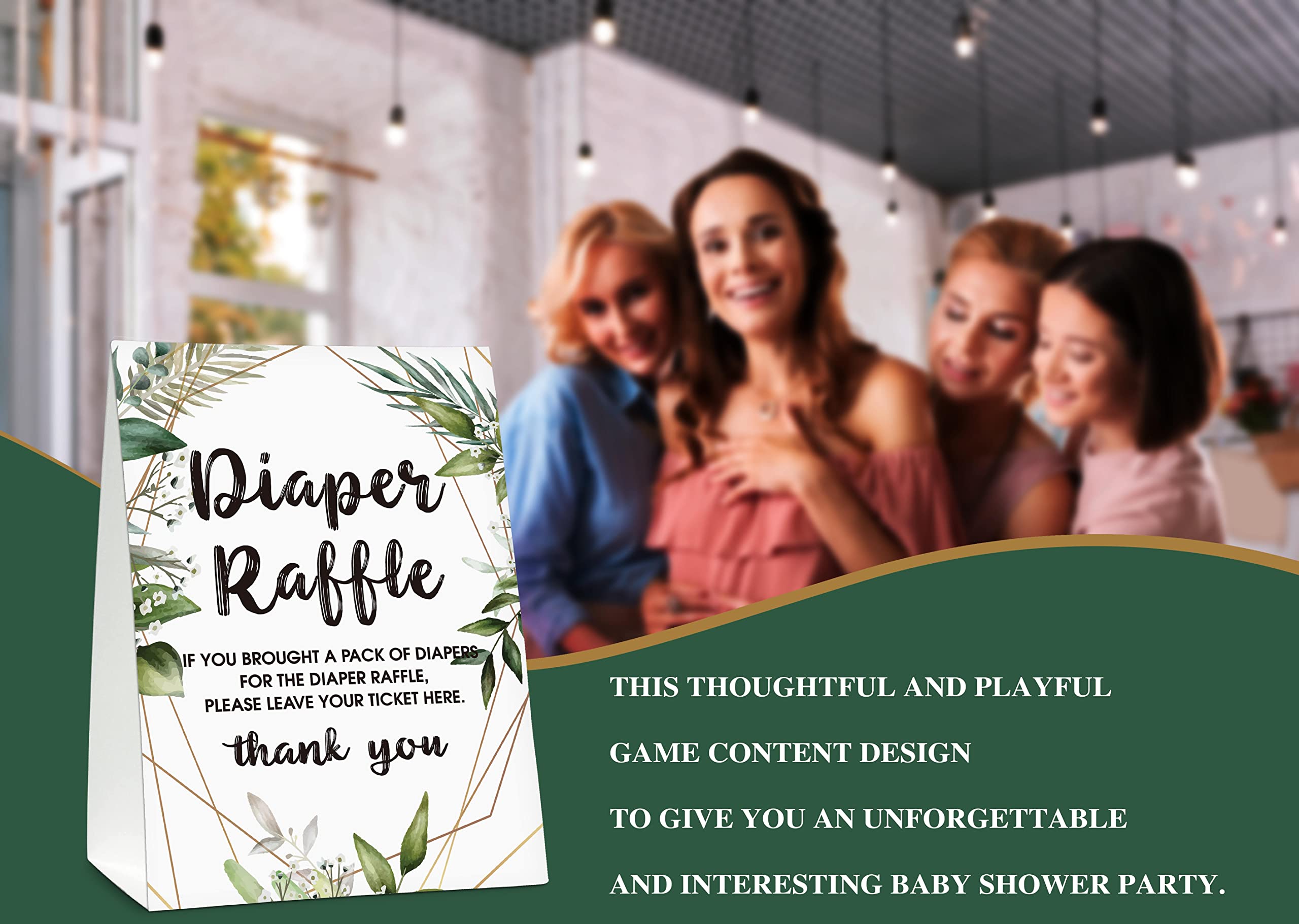 Diaper Raffle Baby Shower Game Set(1 Standing Sign + 50 Guessing Cards), Greenery Diaper Raffle Tickets for Baby Shower, Gold Foil Baby Shower Party Favor Decor - A14