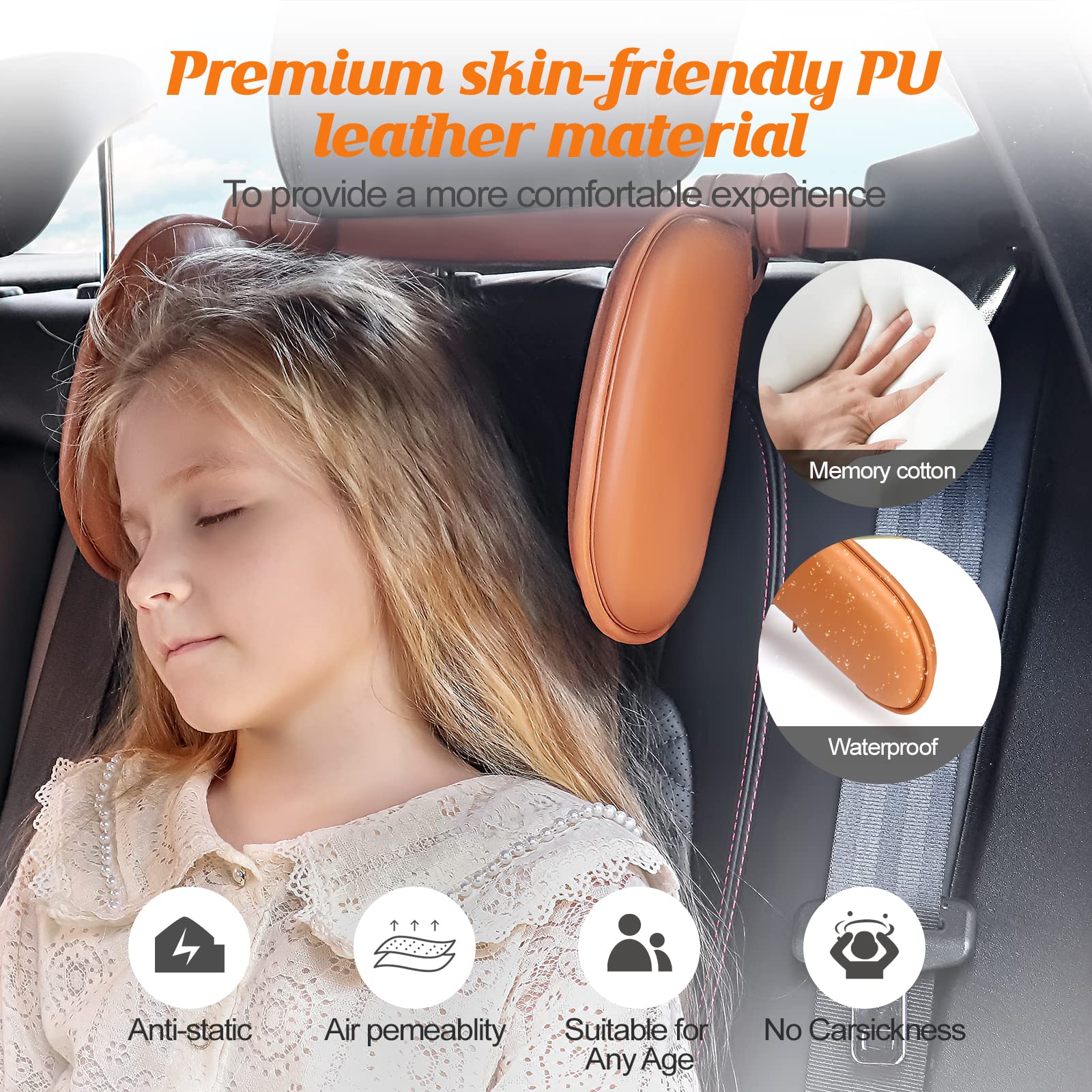 SanLead Car Headrest Pillow Brown, Adjustable Car Seat Head Neck Support, Memory Foam Road Pal Headrest, U Shaped Kids Car Sleeping Pillow for Travel