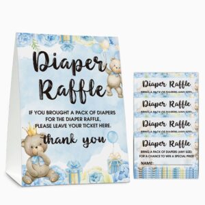 diaper raffle baby shower game set(1 standing sign + 50 guessing cards), we can bearly wait diaper raffle tickets for baby shower, watercolor blue balloons baby shower party favor decor - a23