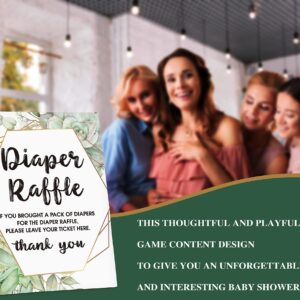 Diaper Raffle Baby Shower Game Set(1 Standing Sign + 50 Guessing Cards), Greenery Diaper Raffle Tickets for Baby Shower, Gold Foil Baby Shower Party Favor Decor - A13