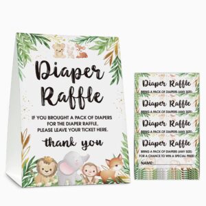 diaper raffle baby shower game set(1 standing sign + 50 guessing cards), safari diaper raffle tickets for baby shower, jungle baby shower party favor decor - a16